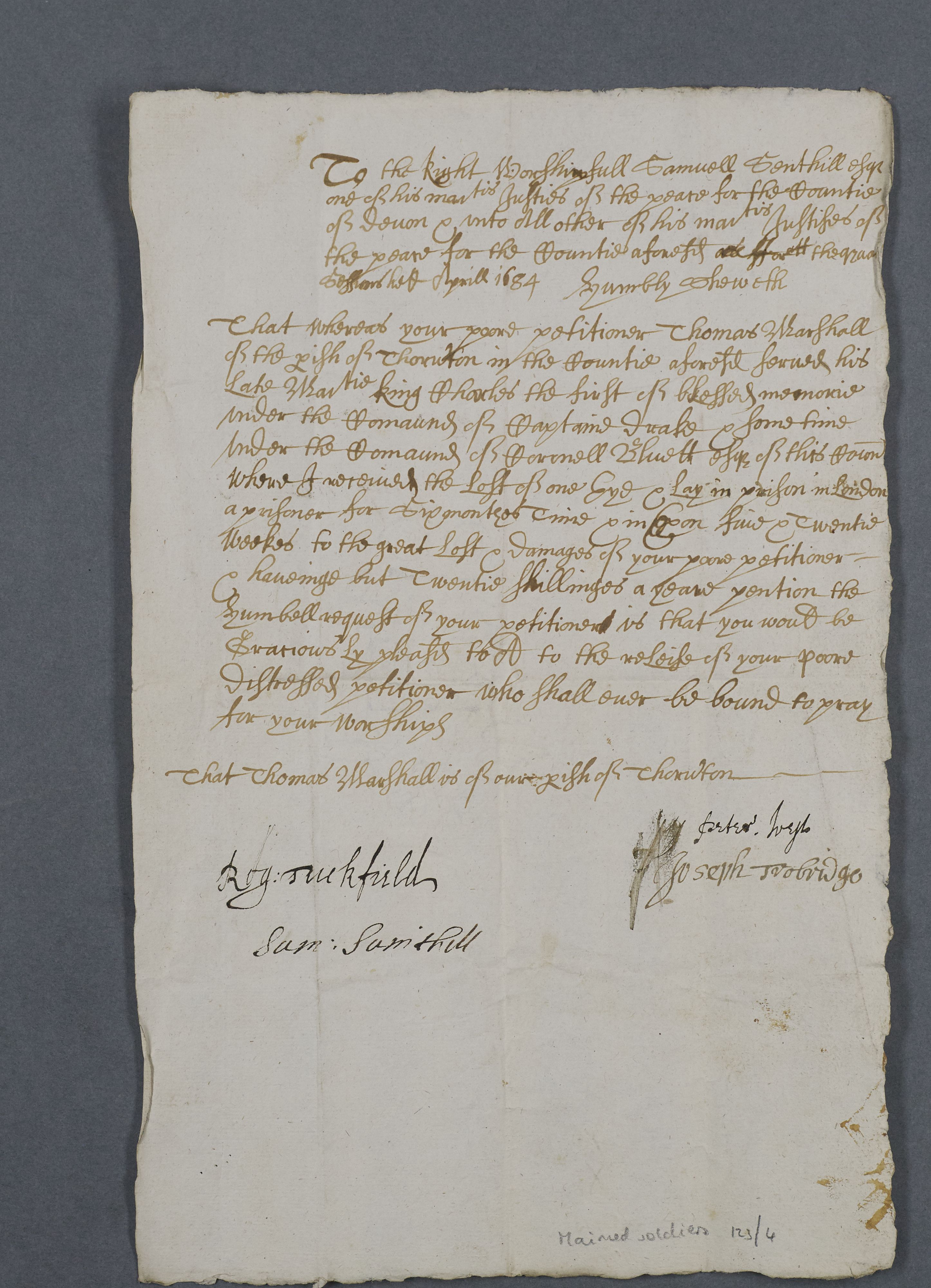 The petition of Thomas Marshall of Thorverton, Devon, April 1684 ...