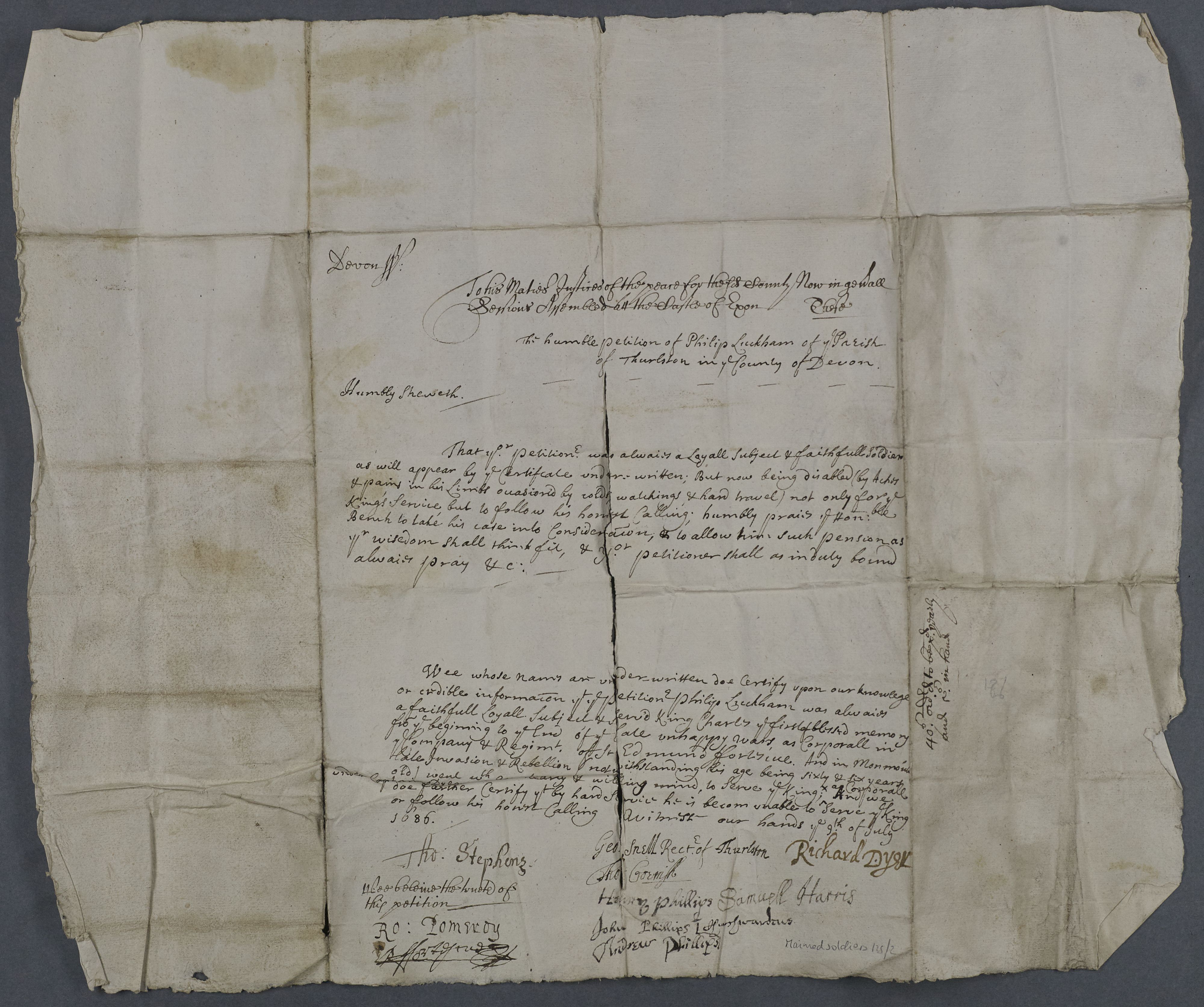 The petition of Philip Luckham of Thurlestone, Devon, 9 July 1686 ...