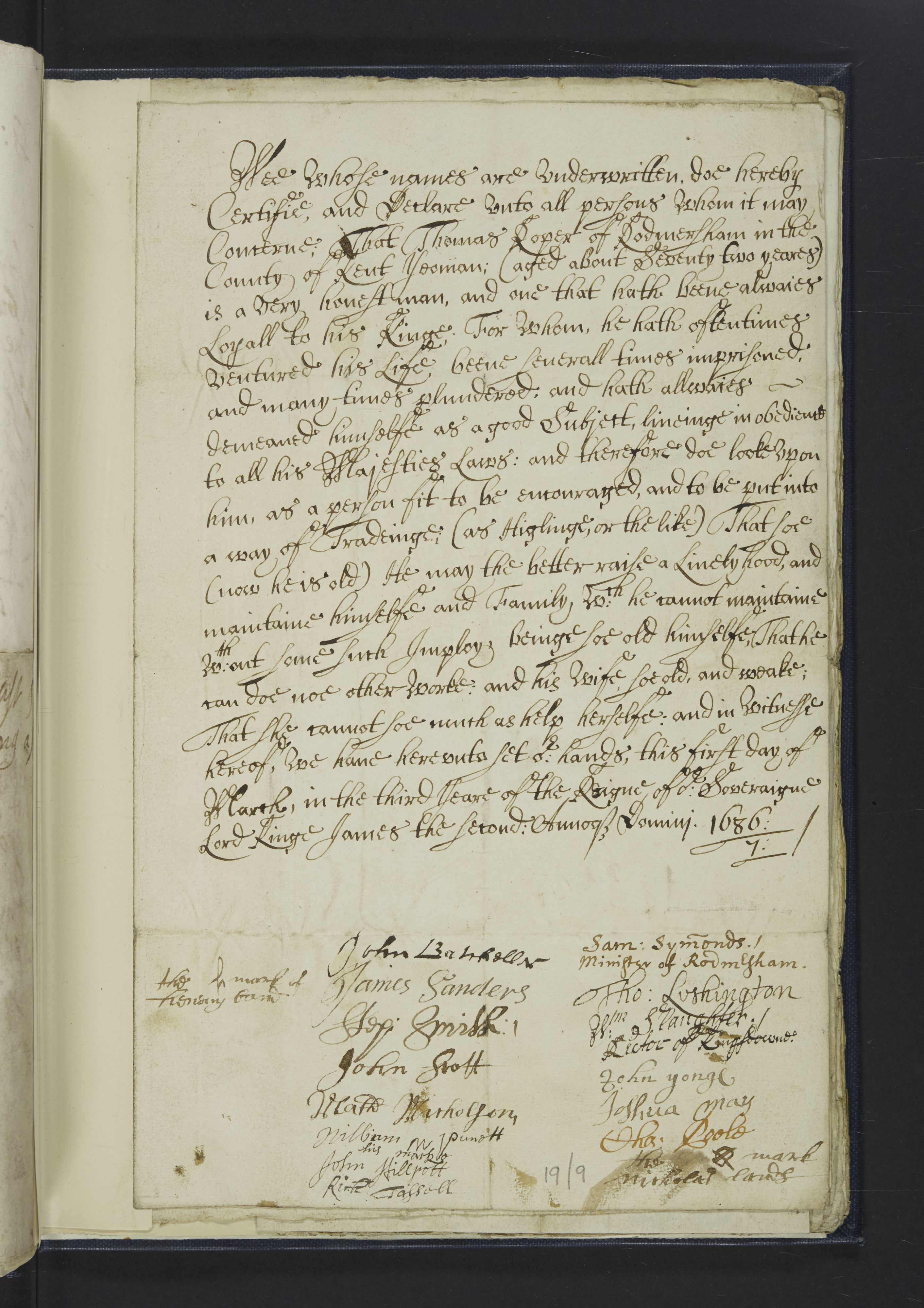 The certificate for Thomas Roper of Rodmersham, Kent, 1 March 1687 ...