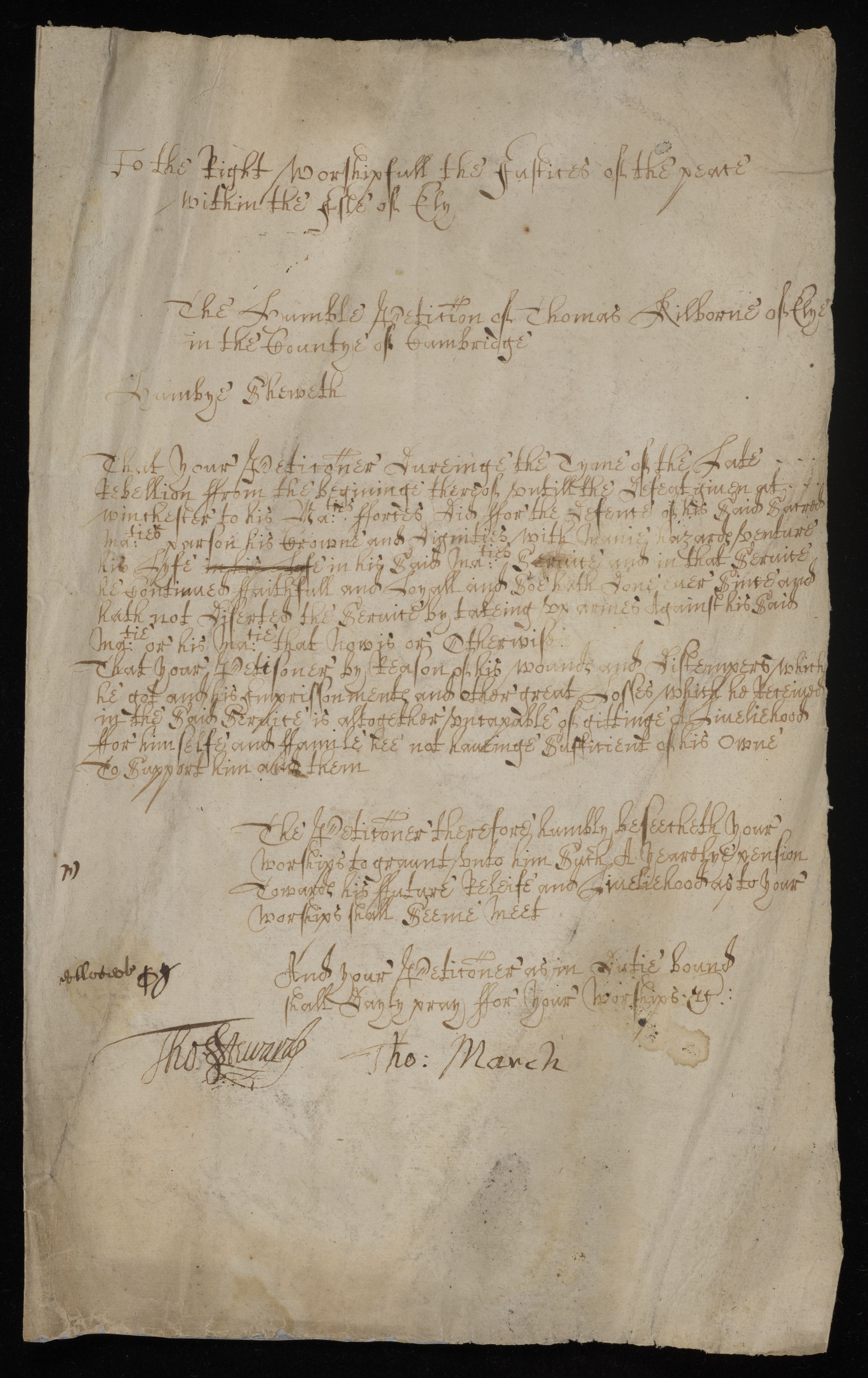 The petition of Thomas Kilborne, Isle of Ely, 1662 · Civil War Petitions