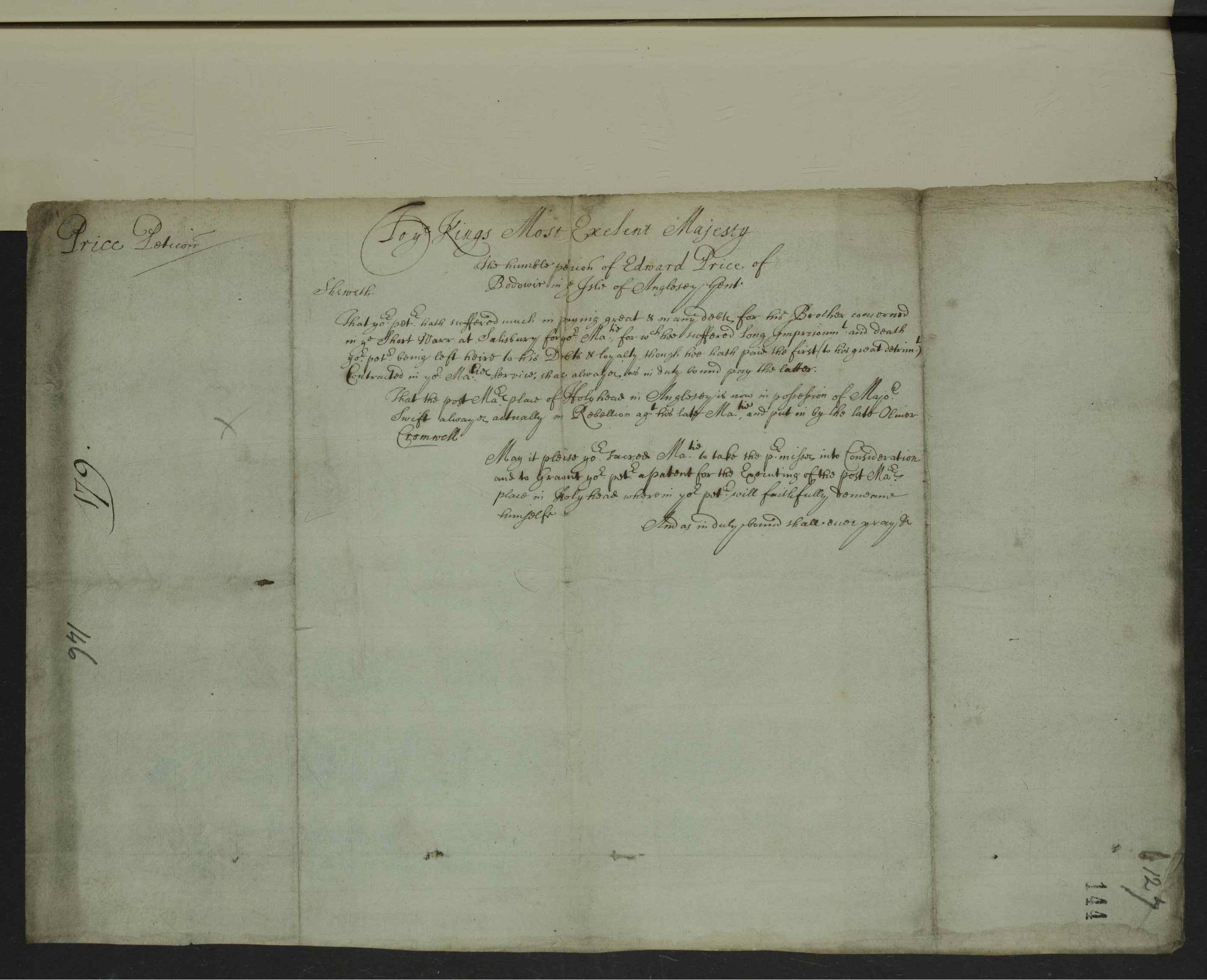 The petition of Edward Price of Bodedern, Anglesey, June 1660 · Civil ...