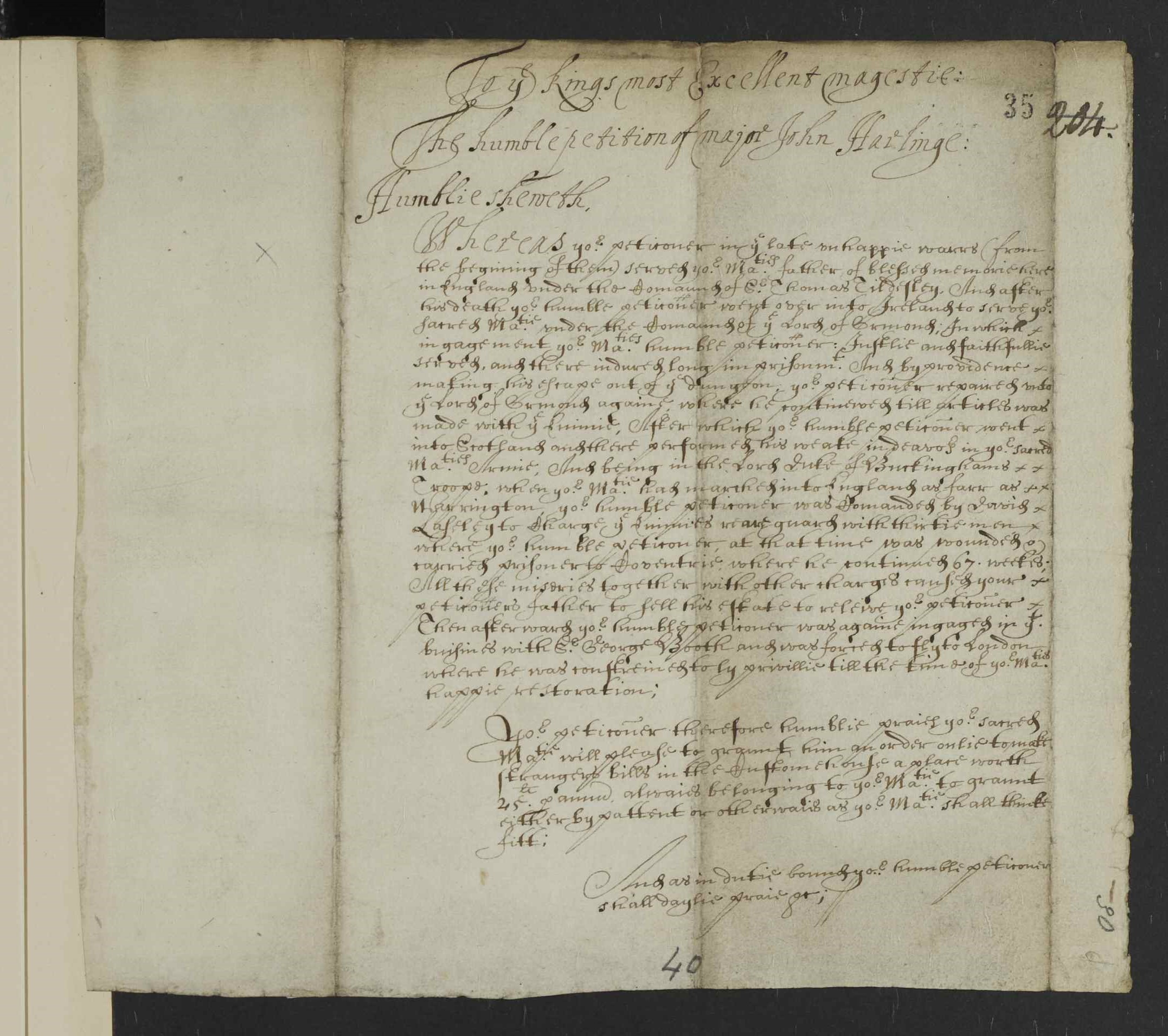 The petition of Major John Harlinge, Sir Thomas Tyldesley’s Regiment of ...