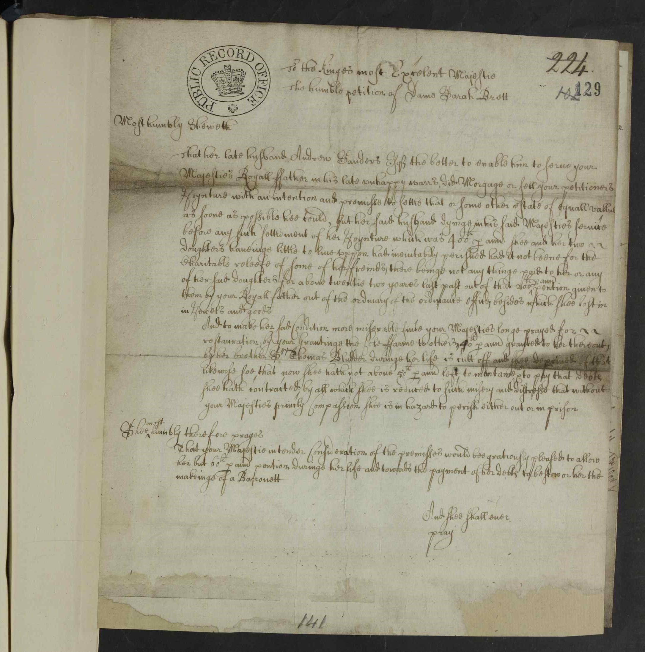 The petition of Dame Sarah Brett, unknown residence, September 1660 ...